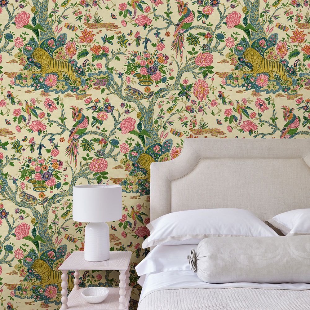 Wild Wallpaper | A Multicoloured wallpaper with Lions and Parrots