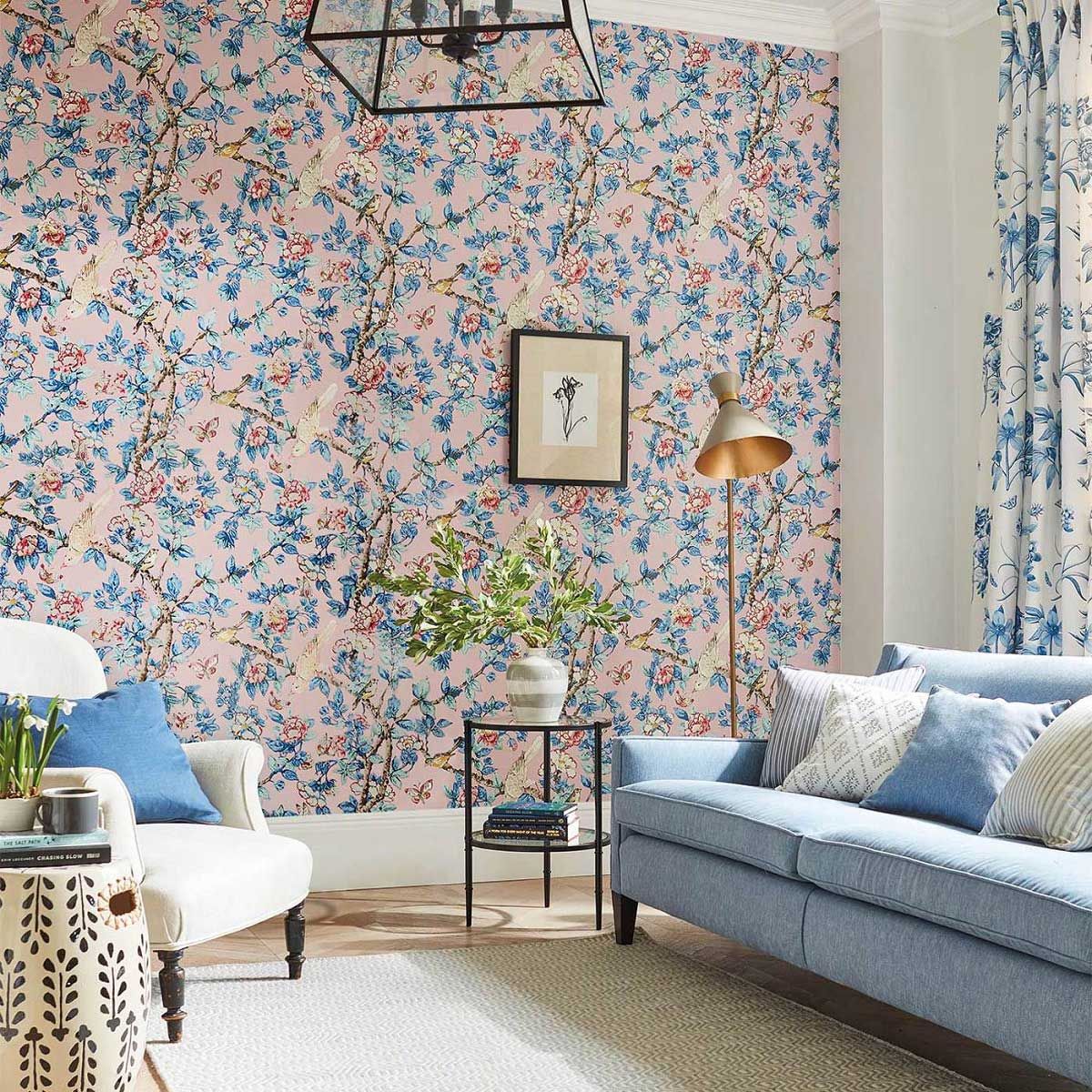 Caverley Wallpaper in Rose Pink and French Blue by Sanderson